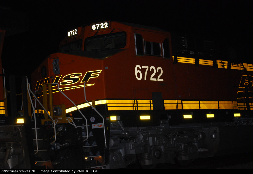 BNSF 6722 Lights up BNSF Swoosh Reflective Logo in this close up shot of her as she is a Lead ...